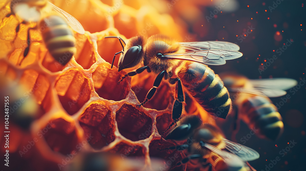 un grupo de abejas trabajando en la colmena y el panal haciendo su ...