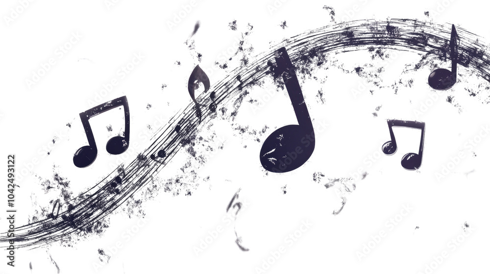 Grunge music notes with ink splatters and paint drips creating a ...