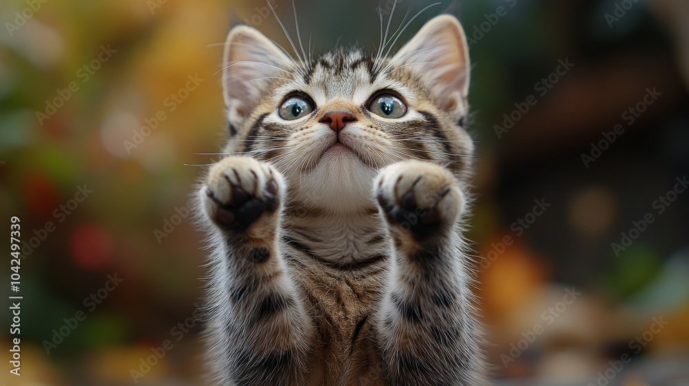 Gato gracioso y humorístico con sus dos patitas levantadas y una mirada ...