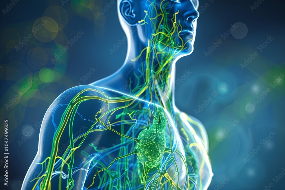 Detailed anatomical illustration of the human lymphatic system ...