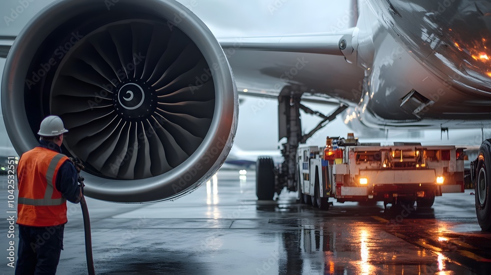 Aircraft ground crew working near a jet engine, preparing the aircraft ...