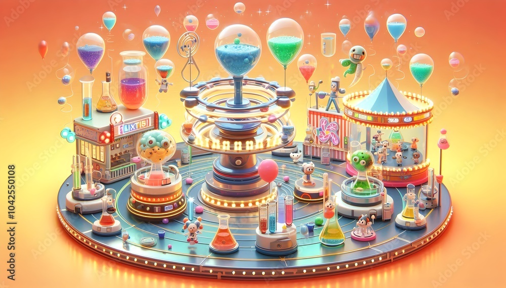 A carnival-style theme where 3d rendered lab equipment cartoon becomes ...