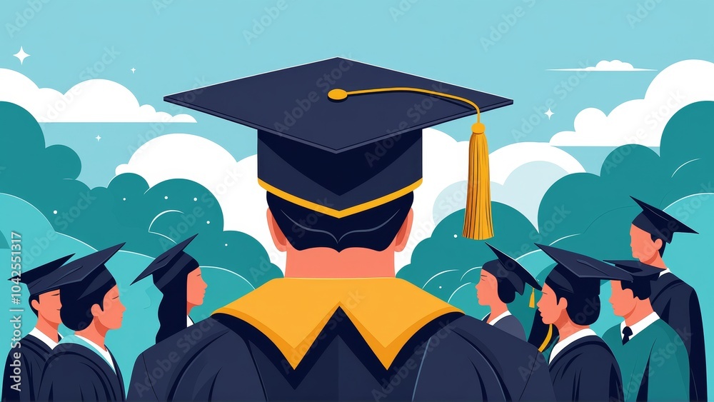 2D Cartoon Illustration of a Graduation Hat Logo in Surreal Aesthetic ...