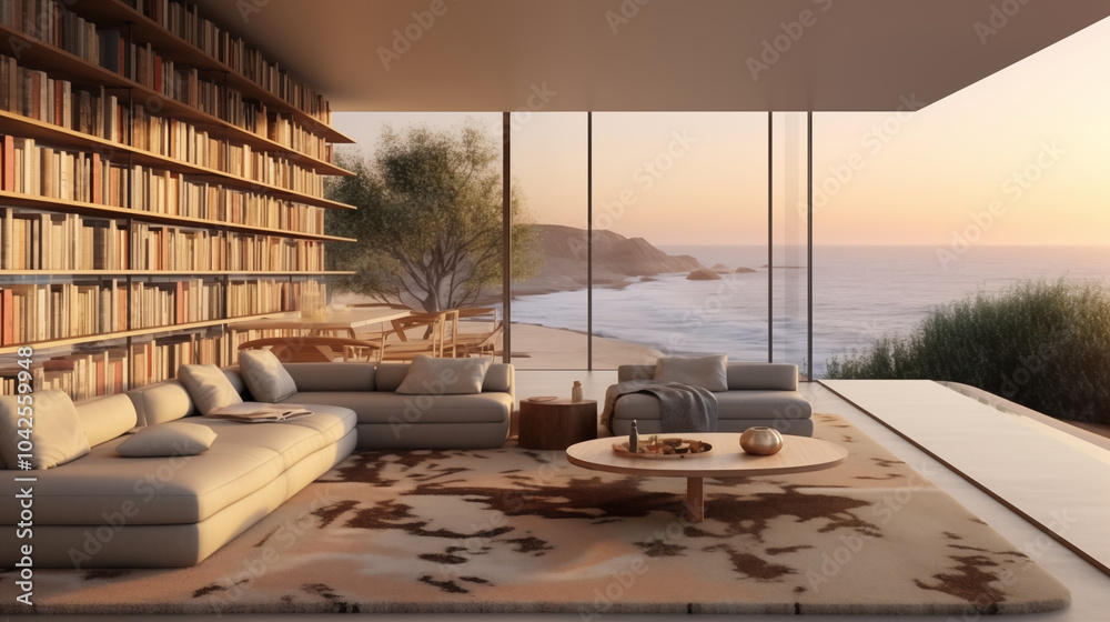 A modern library with bookshelves in an open air Zoom background ...