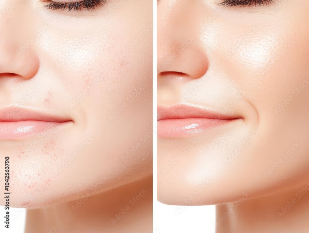 Before and after comparison of acne scars fading on a woman s cheek ...