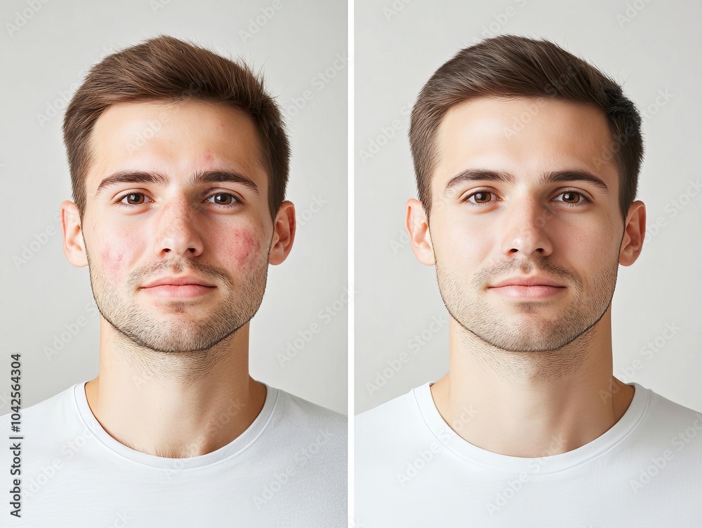 Before and after of a male s skin acne treatment, inflamed skin in the ...