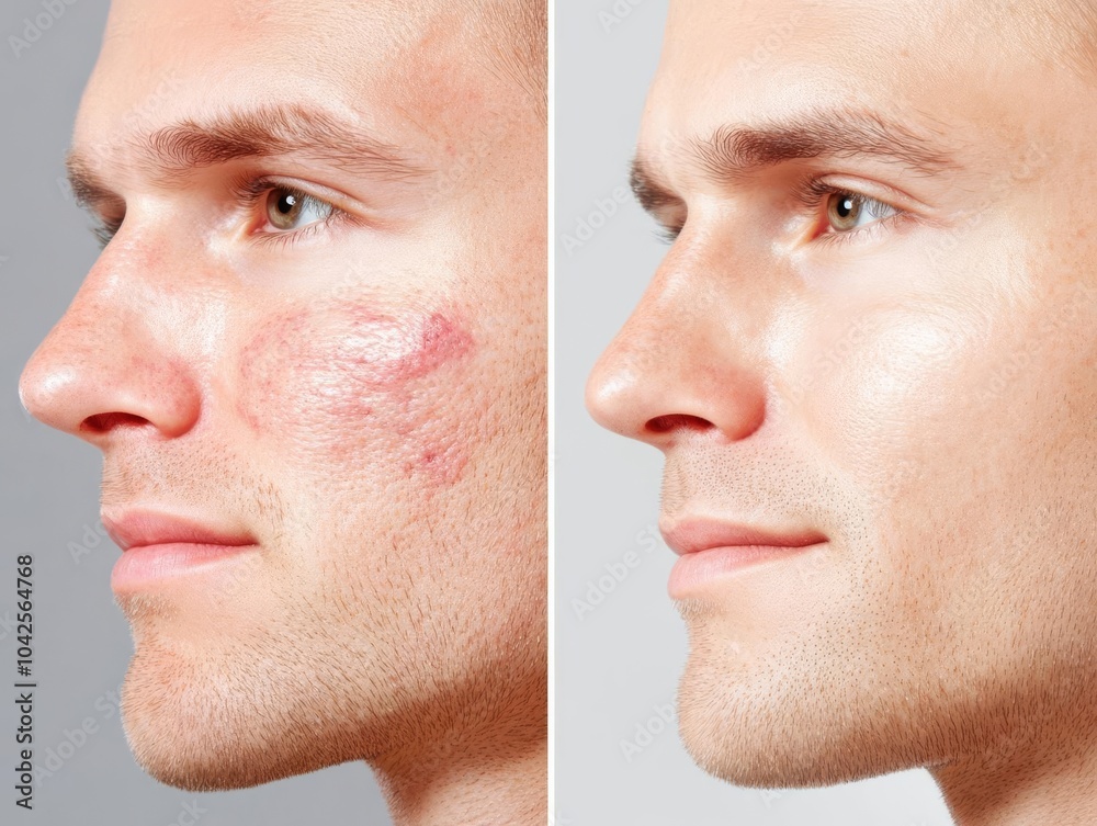 Before and after, zoomed-in view of a man s face showing detailed skin ...