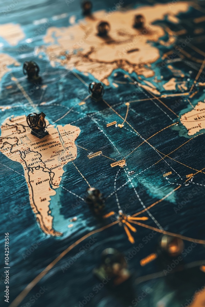 Illustrate a shipping route map with major ports marked. Focus on the ...