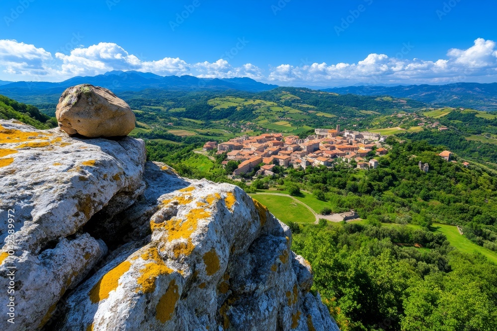 View of the ancient Samnite city from a hill, with the ruins of Roman ...