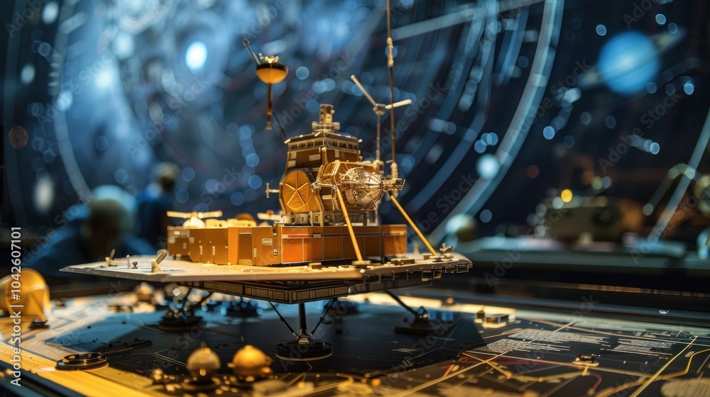 A close-up of a space probe model, with a researcher explaining its ...