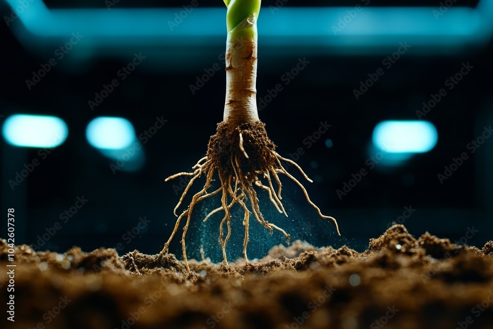 A close-up of plant root systems, absorbing water and minerals from ...
