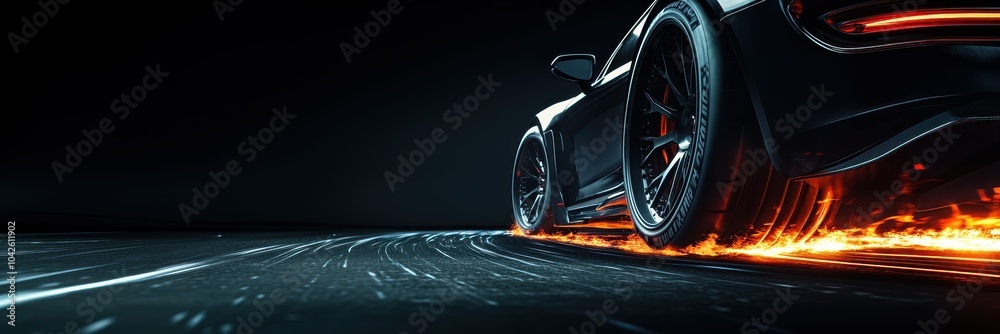 racing car going fast with burning wheels and asphalt on dark ...