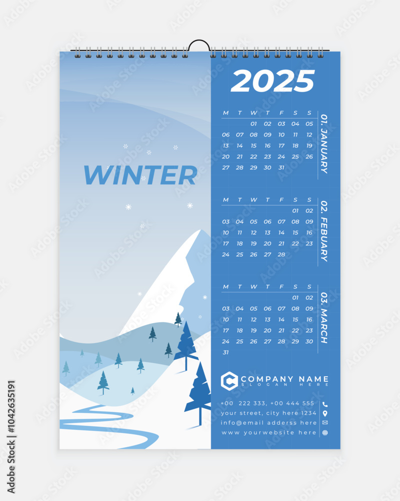 2025 wall calendar design. Print Ready one page winter season calendar ...