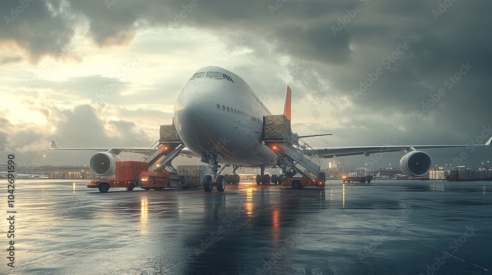 Cargo plane loading packages on a runway. Concept Aviation Stock ...