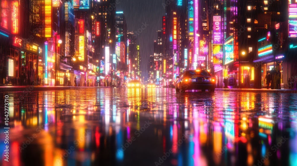 Rendering of a neon cyber city reflecting lights on wet streets a ...