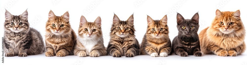 Seven kittens of various colors and patterns sit in a row on a white ...