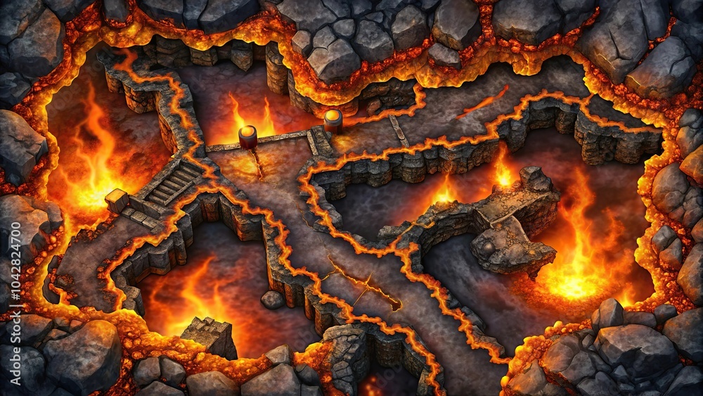 Dynamic aerial DnD battlemap of a mysterious cavern with lava bridges ...