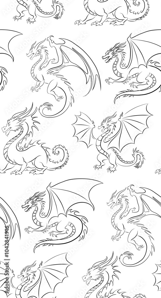 Vector seamless pattern with contour dragons. Texture of black outline ...