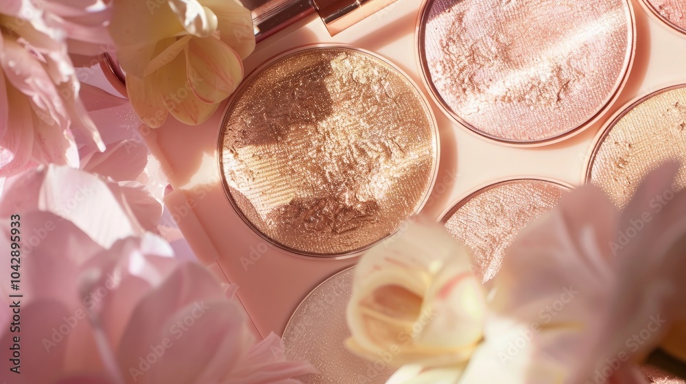 Highlighter palette. Six shades of shimmery highlighters in an open ...