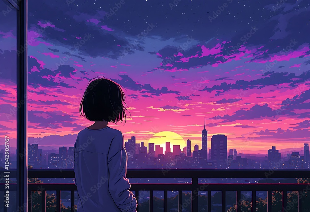 anime girl standing alone watching the night city sky digital art ...