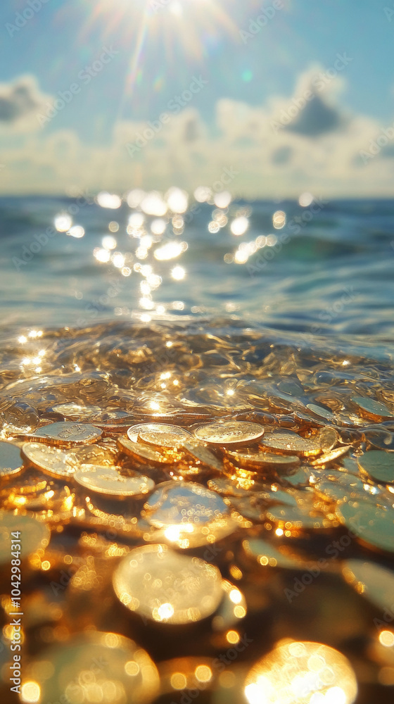 Gold coins bitcoins cash flow sink underwater shimmering glittering ...