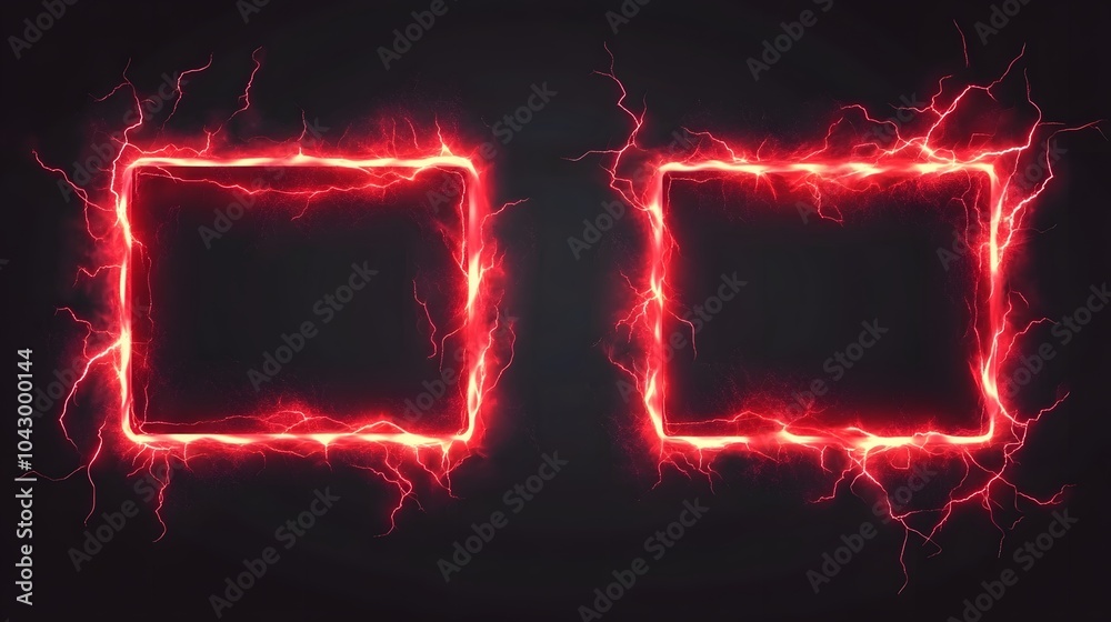 Lightning frames, red electric borders of rectangular and square shapes ...