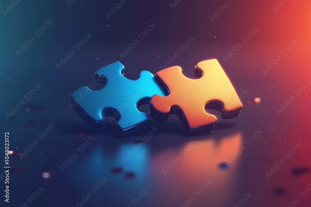 Two puzzle pieces connecting in a 3D space, symbolizing virtual ...