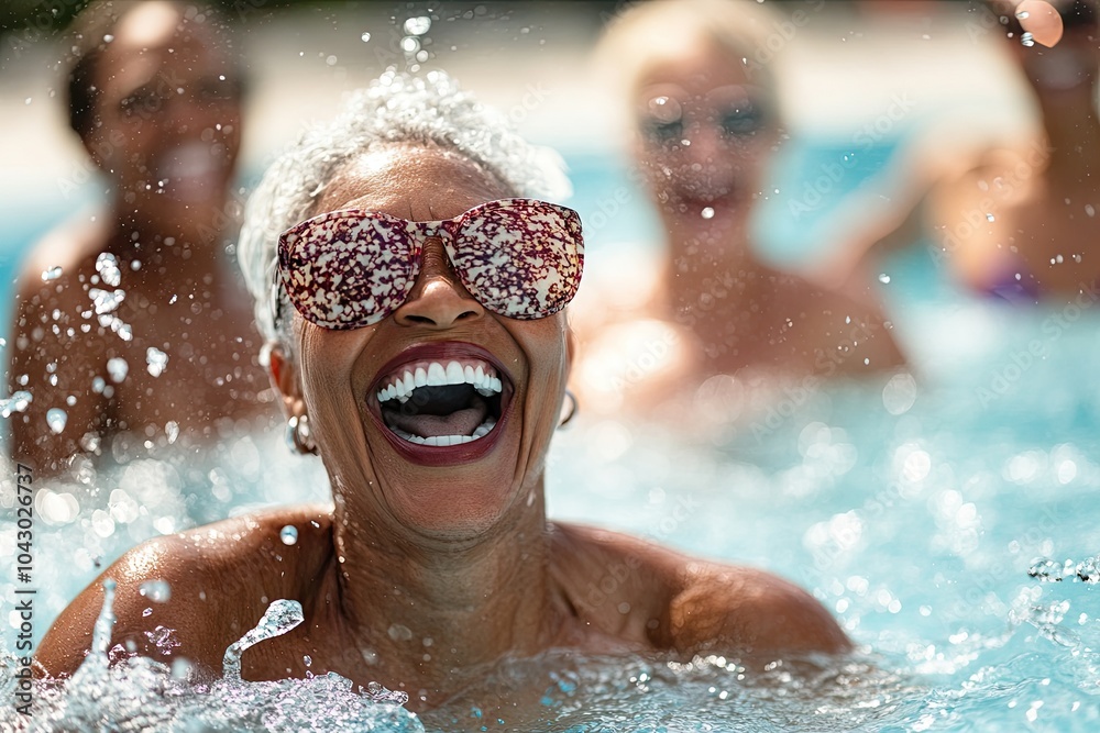 Joyful senior woman with friends splashing water and laughing in a ...