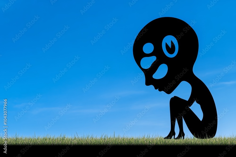 Silhouette of a person with a sad face is sitting on a grassy field ...