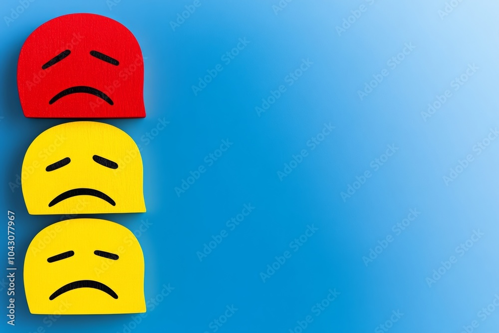 Three sad faces are on a blue background. The faces are yellow and red ...