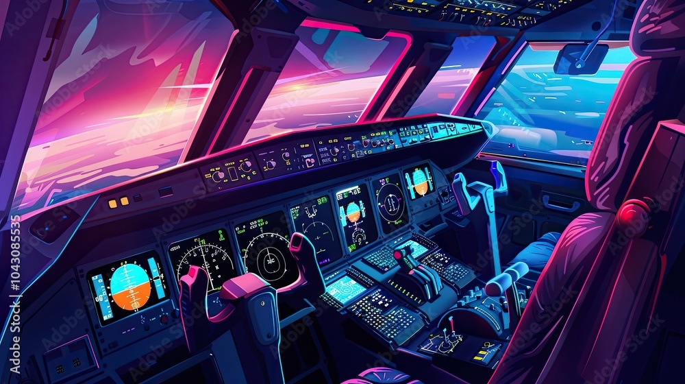 Airplane cockpit with illuminated control panel and flight instruments ...