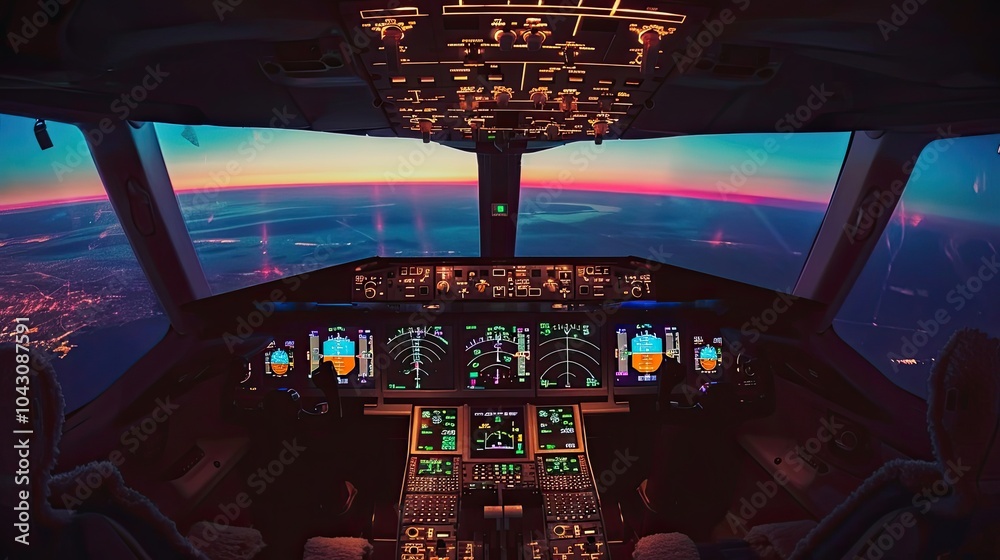 Illuminated airplane cockpit at night, showing detailed controls and instruments. Aviation ...