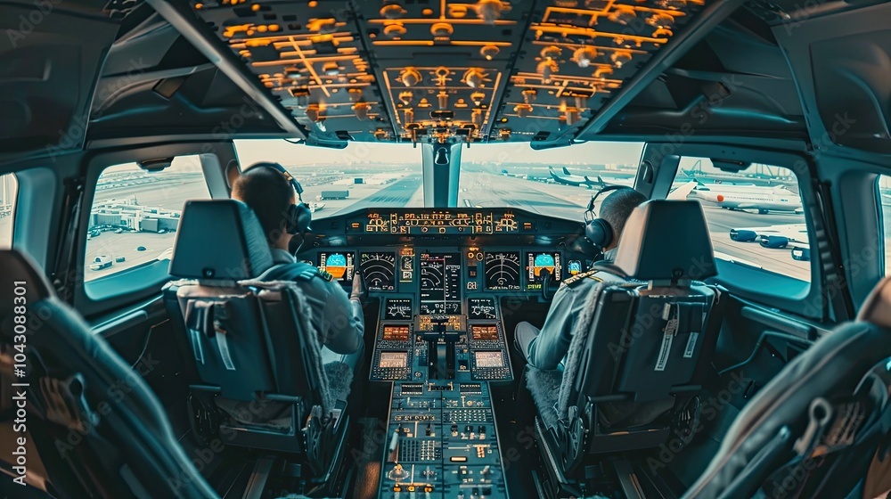Cockpit view with pilots preparing for takeoff. Aviation, technology, and teamwork in a ...
