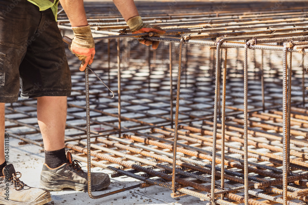 Reinforcement in Construction Site. Installing Rebars. Workers ...