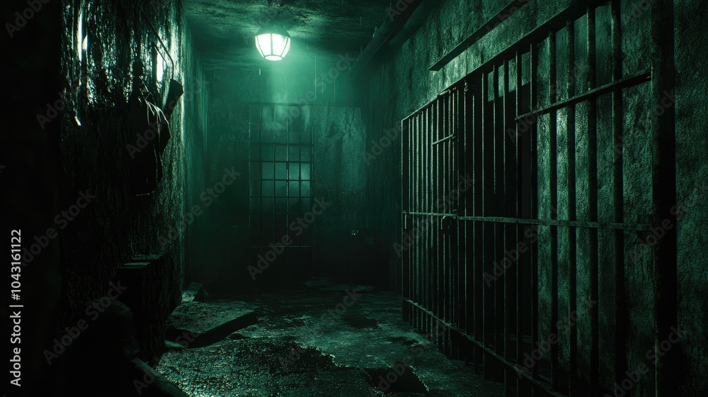 An empty, dimly lit prison cell with rough concrete surfaces, cold ...