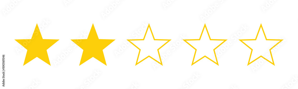 Two out of five stars customer product review icon. Yellow 2 star ...