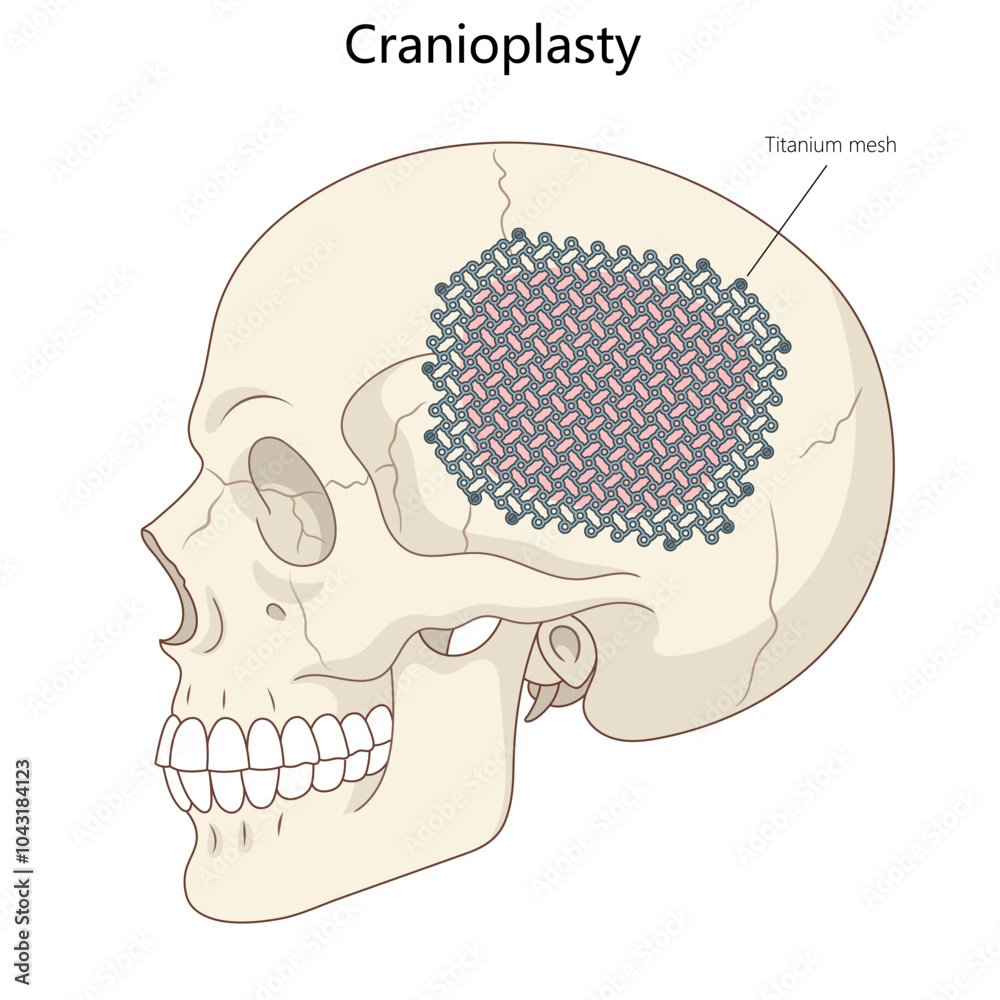 skull with a titanium mesh implant used in cranioplasty, depicting ...