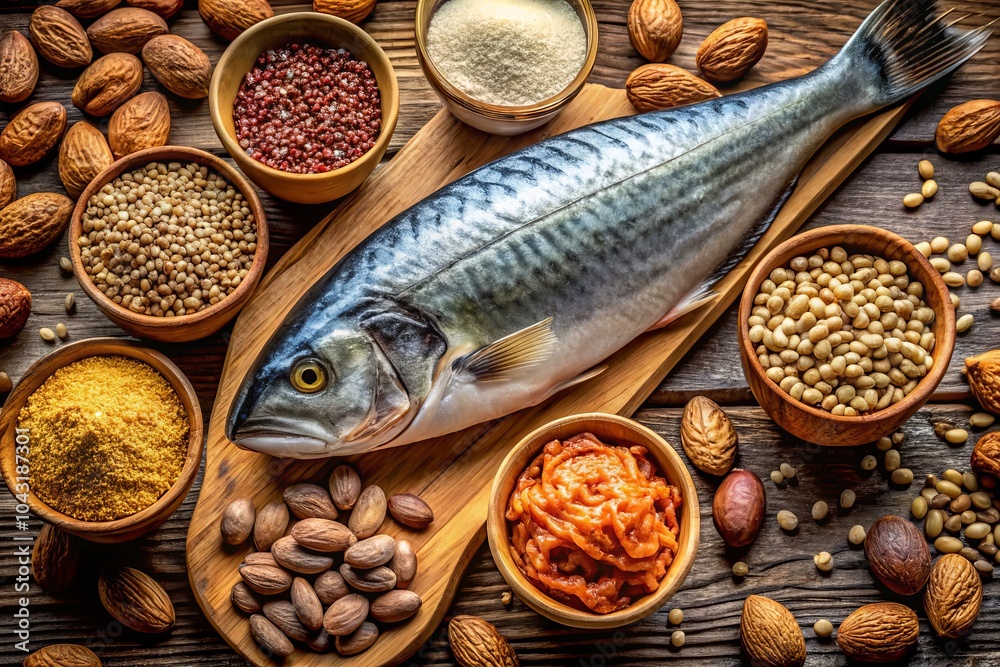 Omega 3 Benefits: Macro Photography of Fatty Fish, Flaxseeds, and Nuts ...