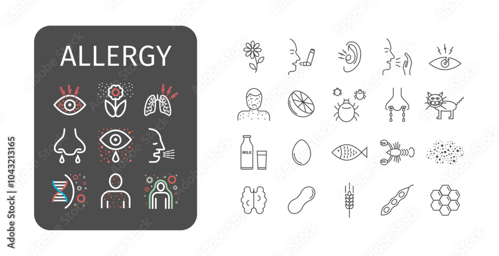 Allergy. Causes, symptoms. Vector line icons. Medical infographics ...