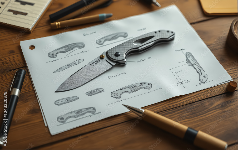 The process of developing a new model of a folding knife. Industrial ...