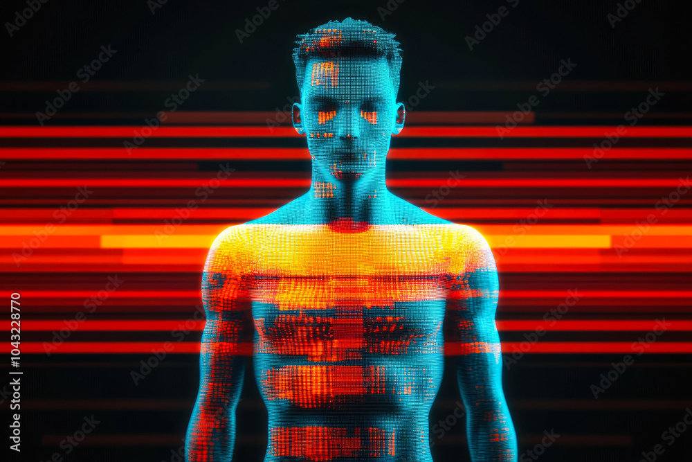 In this image, a digital figure stands amid red and blue linear ...