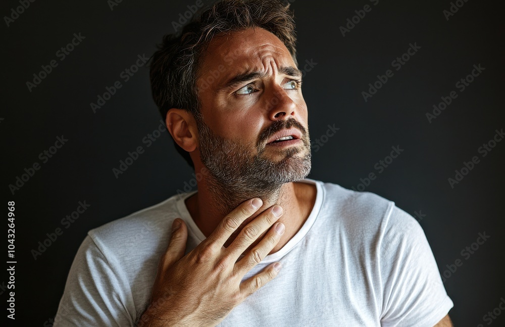 Concerned man in his thirties with short hair expresses worry while ...