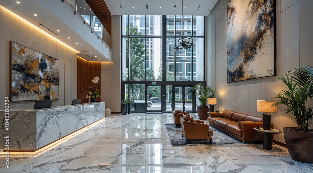 The lobby of a luxury high-rise condominium tower in downtown. The ...