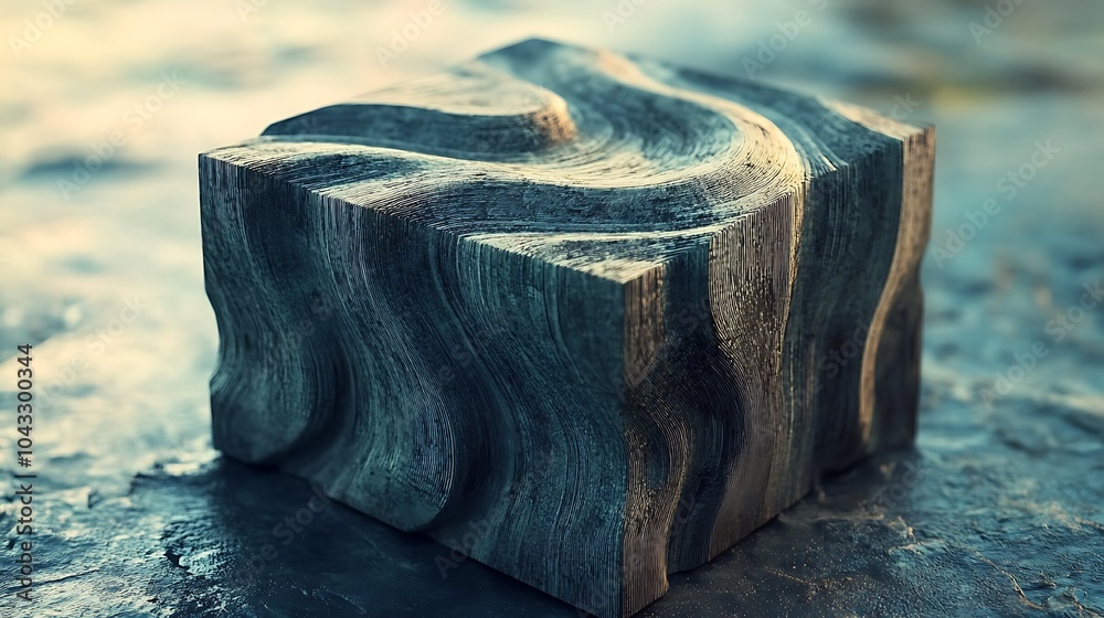 3D cube with detailed textures overlapping with simple 2D curved lines ...