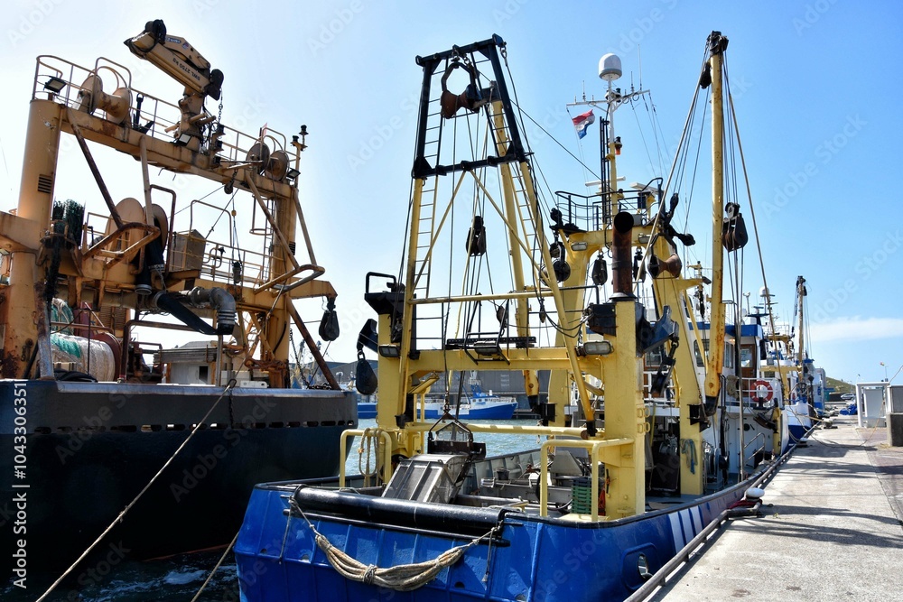 Fishing trawlers in the Scheveningen harbors. Scheveningen Harbor or ...