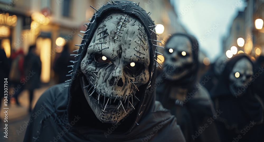 Halloween parade on the street at night. Several huge monsters without ...