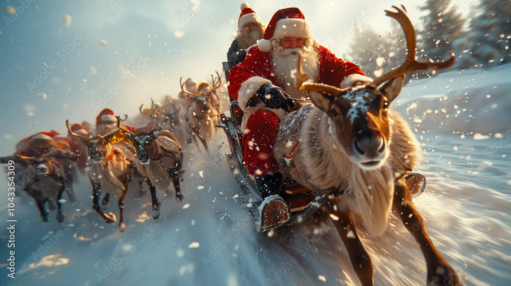 Santa Claus rides a sleigh pulled by reindeer in the snow. The sleigh ...