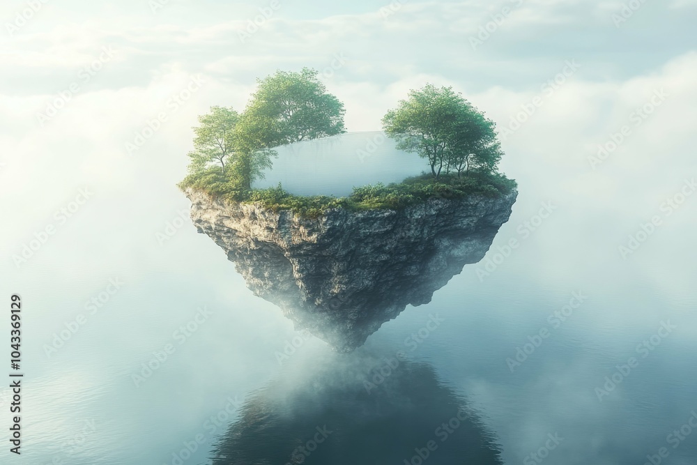 Clouds Drift Peacefully. Floating island with green trees above clouds ...