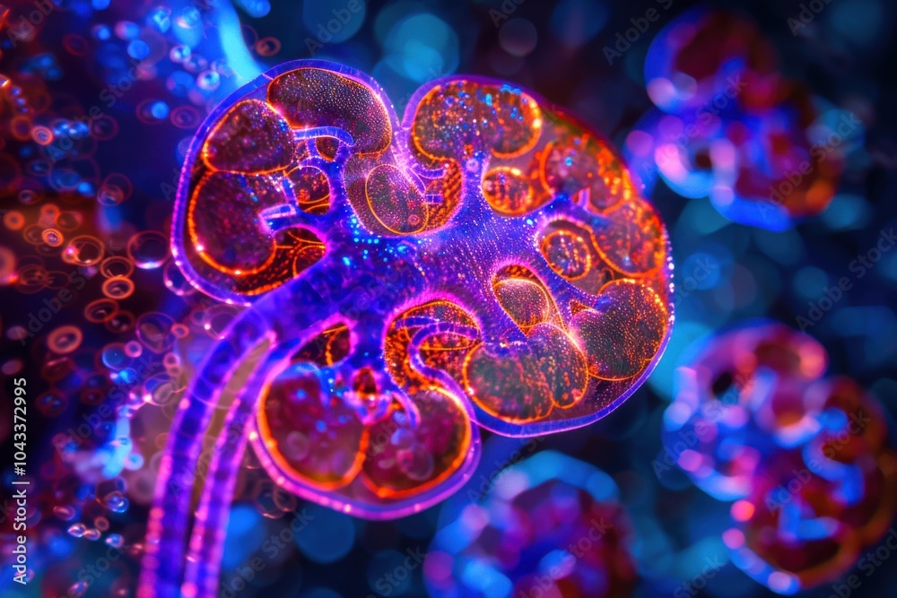 Kidney Tissue: A close-up image of kidney tissue, highlighting nephrons ...