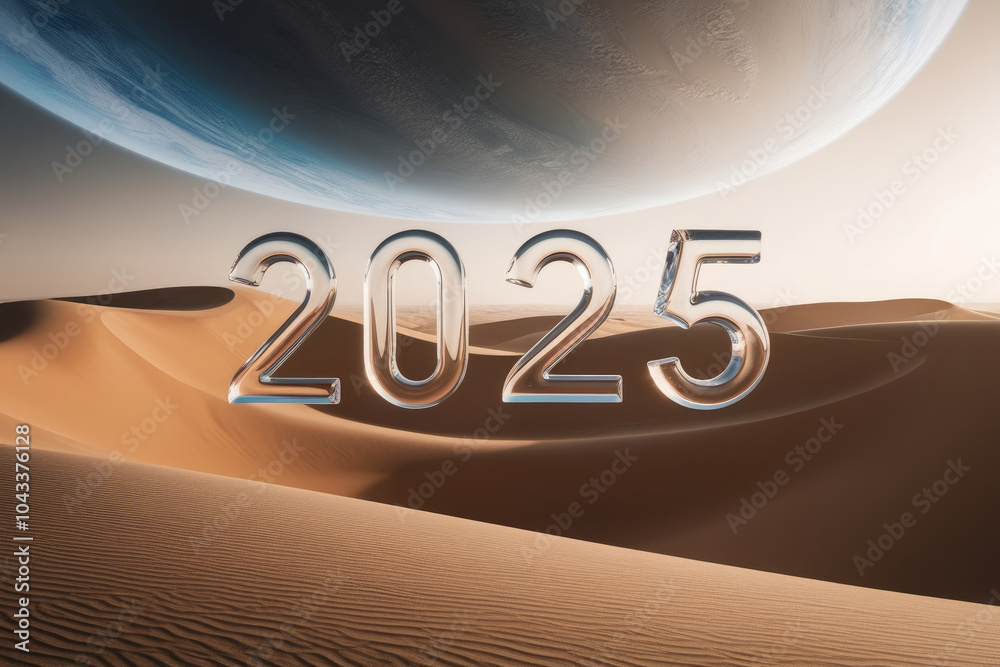 Numbers 2025 on desert background with planet Earth, World ...